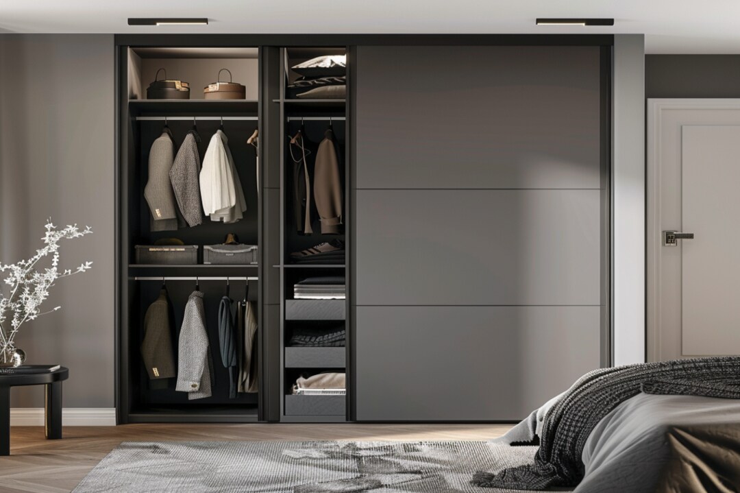 Contemporary 3-Door Gothic Grey Sliding Door Wardrobe With Black Shelf ...