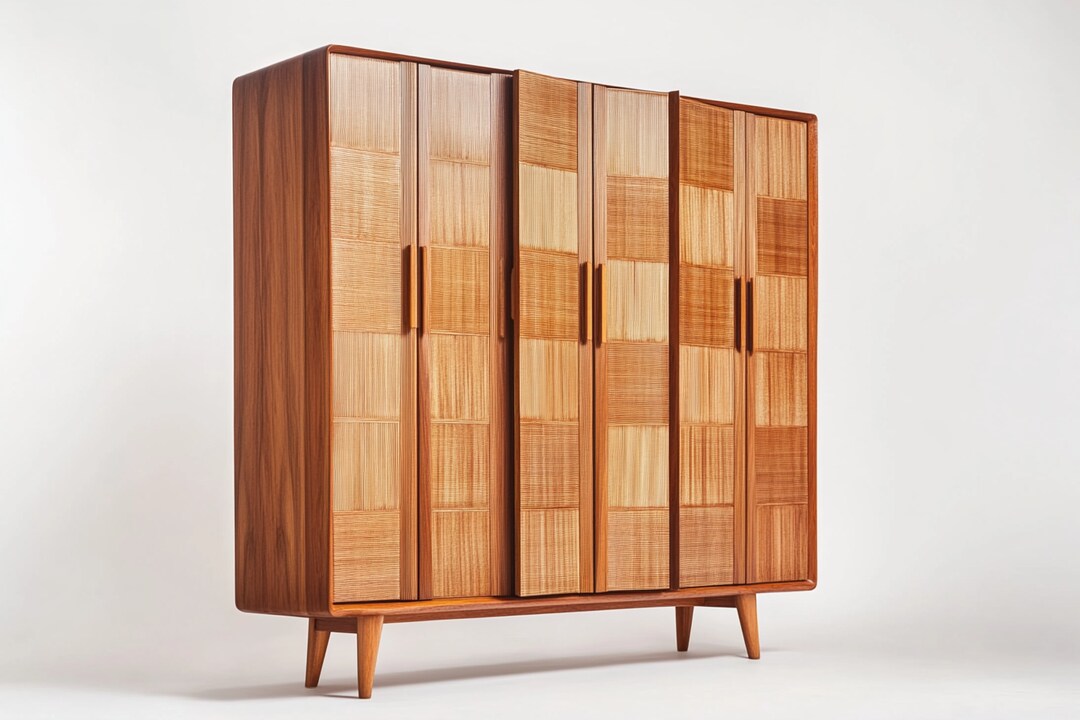 Mid-Century Modern 6-Door Swing Wardrobe Design in Wooden Texture