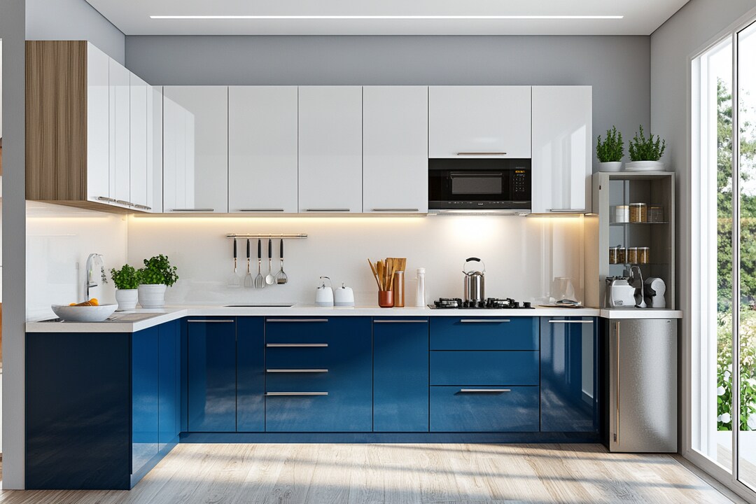 Contemporary Modular L Shaped Metallic Blue And White Regalia Kitchen ...