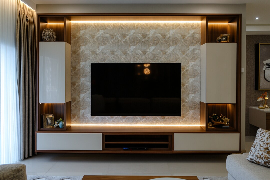 Modern Walnut Bronze And Frosty White TV Unit Design With Geometric ...