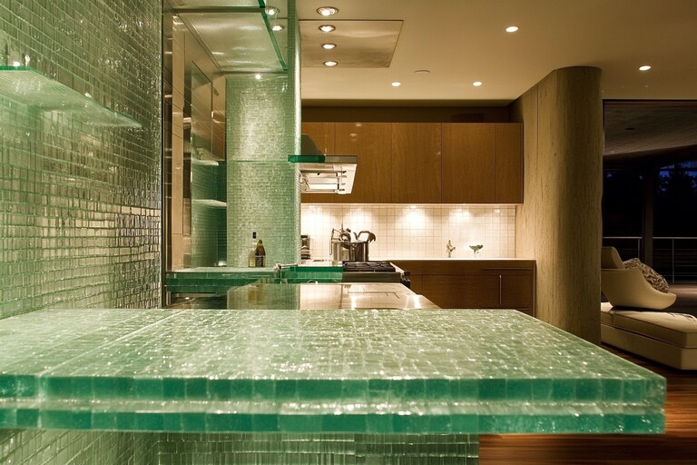 Sage Green Glass Tiles Contemporary Open Kitchen Design