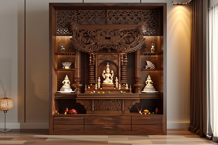 Modern Mandir Design With Dark Wooden Panel And Floor-Mounted Unit