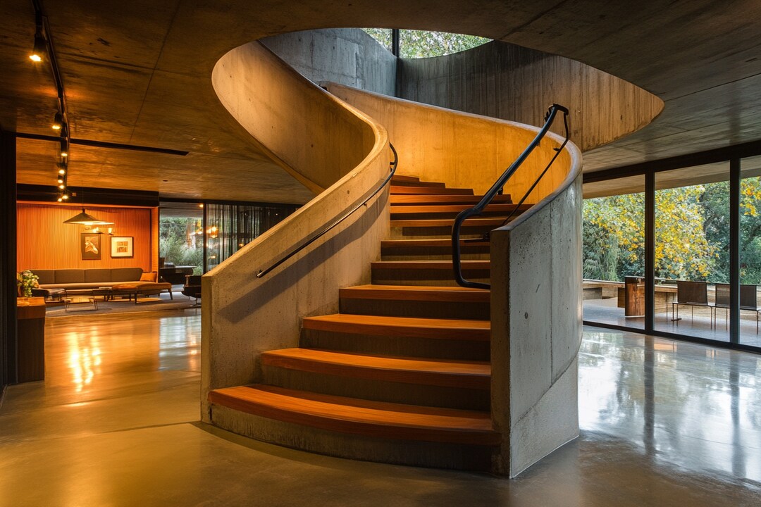 Modern Curved Staircase Design with Wooden and Concrete Elements