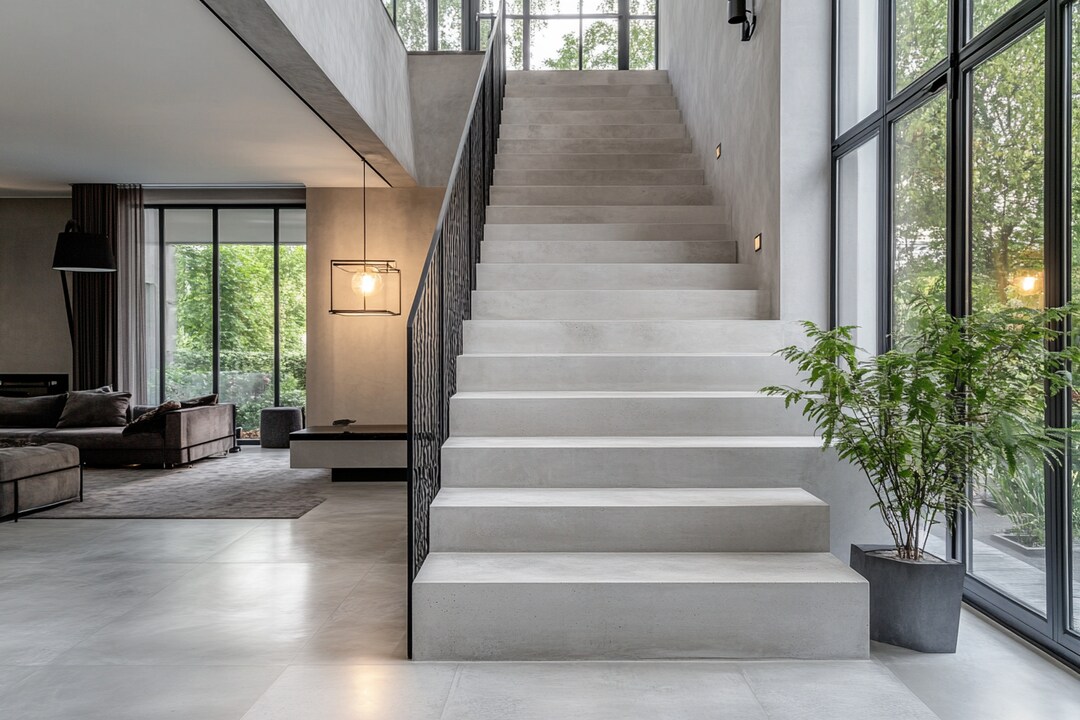 Modern U-Shaped Concrete Staircase Design with Two Landings