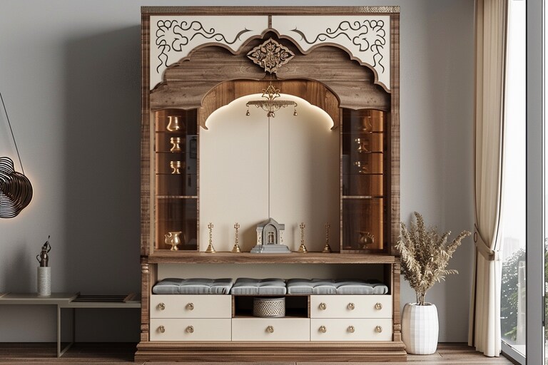 Modern Beige And White Mandir Design With Floor-Mounted Drawer Storage ...