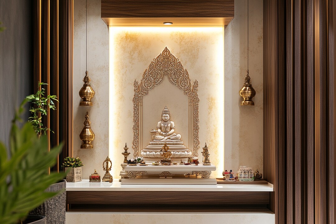 Compact Pooja Mandir Design With White And Gold Wallpaper