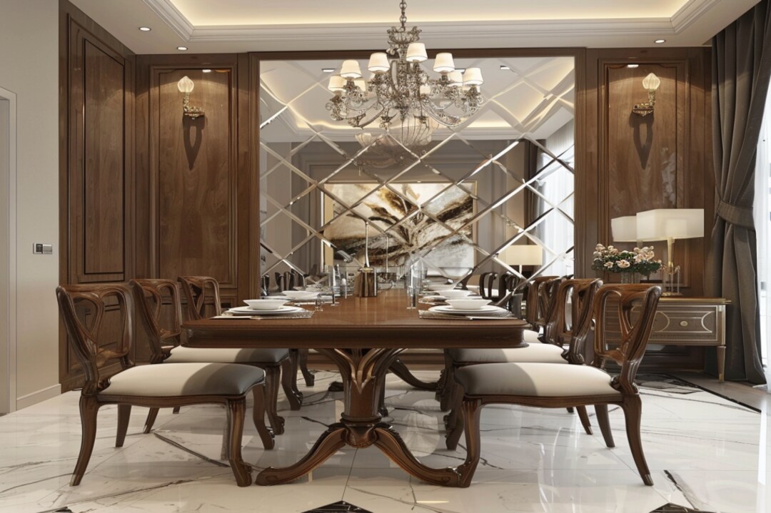 Classic 5-Seater Wooden Dining Room Design With Square Panelled Mirror ...