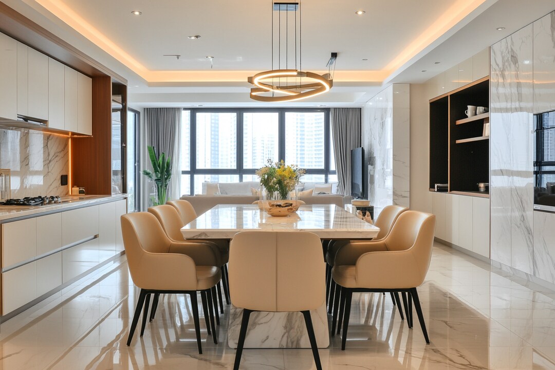Contemporary 8-Seater Dining Room Design With Marble Countertop And ...