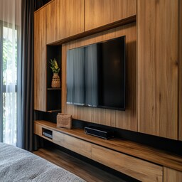Contemporary Light Wooden Wall-Mounted TV Unit Design With Wooden Wall ...