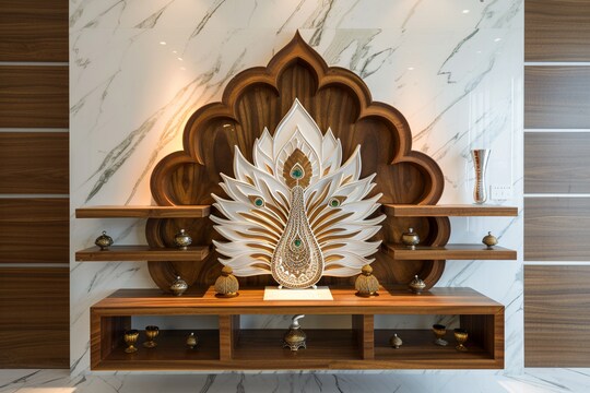 Modern White And Walnut-Toned Wooden Mandir Design With Wall-Mounted ...