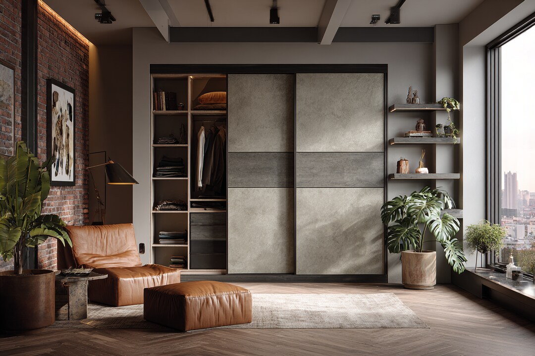 2-Door Industrial Sliding Wardrobe Design with Matte Suede Finish