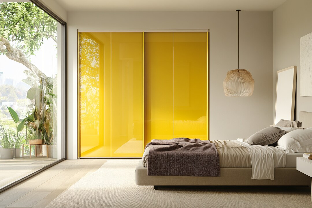 2-Door Modern Wardrobe Design with Reflective Yellow Glass Shutters
