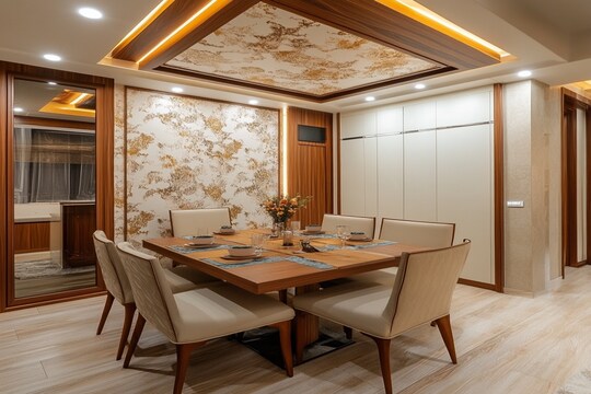 Modern Dining Room False Ceiling Design With Multicoloured Wallpaper ...