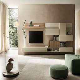 Modern White And Wood TV Unit Design With Wooden Wall Panelling