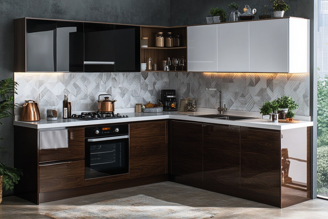 Modern Modular L-Shaped White And Brown Indian Kitchen Design With ...