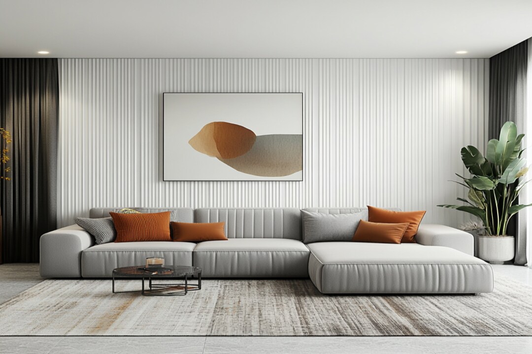 Contemporary Living Room Design With White Fluted Wall Paneling And ...