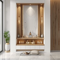 Modern Teak And Frosty White Pooja Room Design With Om Mandala