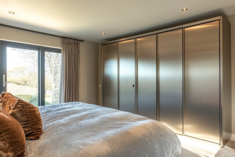 Minimalist 5-Door Swing Wardrobe Design in Metallic Silver