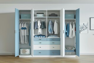 4-Door Shore Blue Contemporary Swing Wardrobe With Open Shelves And ...