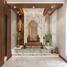 Contemporary Mandir Design With Wooden Storage And Marble Accent Wall