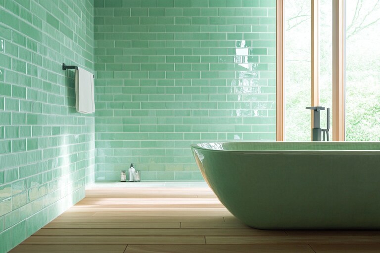 Contemporary Ceramic Offset Aqua Green Bathroom Tile Design