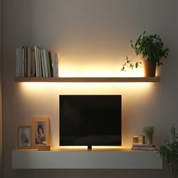 Modern Nomadic Gold And Red TV Unit Design With Overhead Unit
