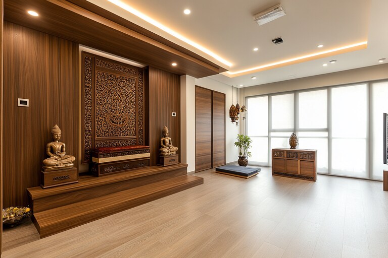 Contemporary Mandir Design With Tahiti Samoa Teak Laminates And Storage ...