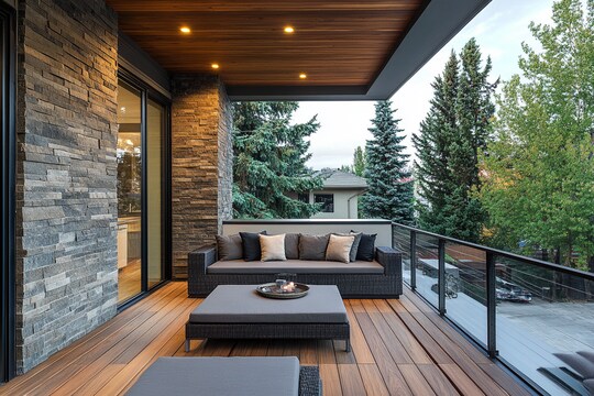 Contemporary Balcony Design with Grey Stone Cladding Wall and Wooden ...