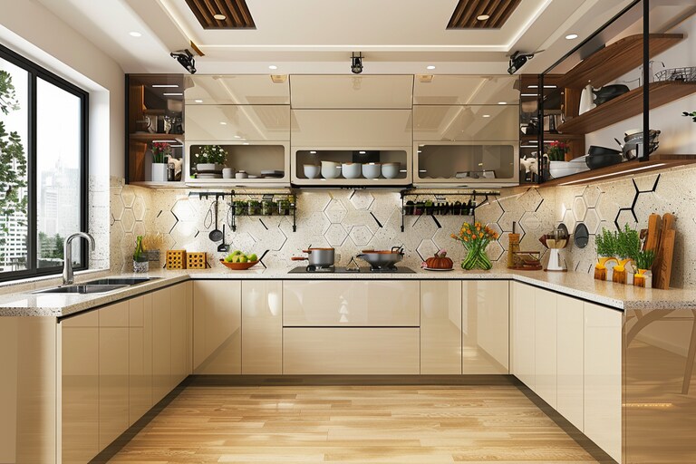 Modern Modular Open Kitchen Cabinet Design With Irish Cream Cabinets ...