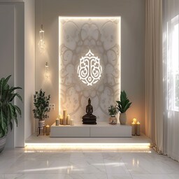 Contemporary Frosty White Mandir Unit Design With Highlighted Om Back Panel
