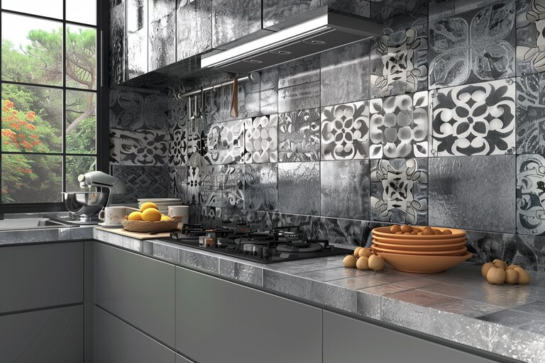 Modern Modular L Shape Kitchen Design With Grey and Black Patterned ...