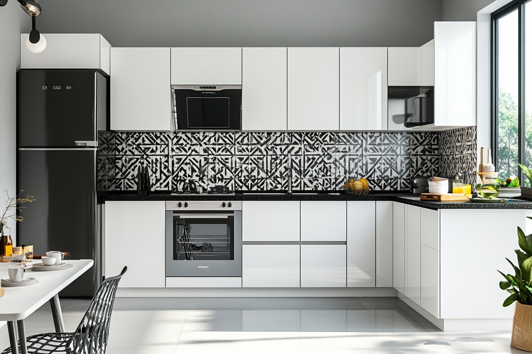 Contemporary White L-Shaped Modular Kitchen Design With Patterned Black ...