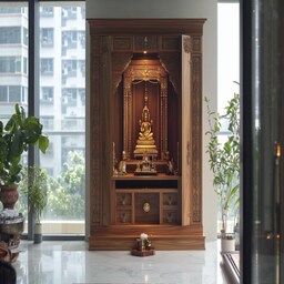 Compact Mandir Design With Partition And Bells