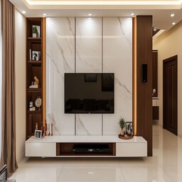 Modern Wood And White TV Unit Design With Spacious Marble Back Panel
