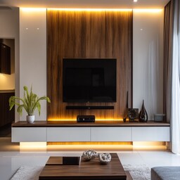 Classic Wood and White TV Unit Design with Suede Finish