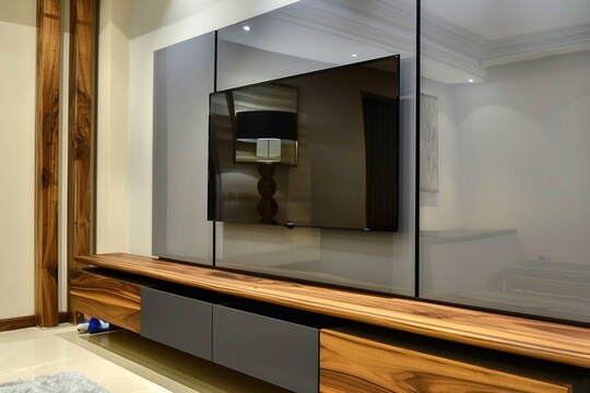 Wall-Mounted Contemporary TV Unit Design With Grey Glossy Wall Panel ...