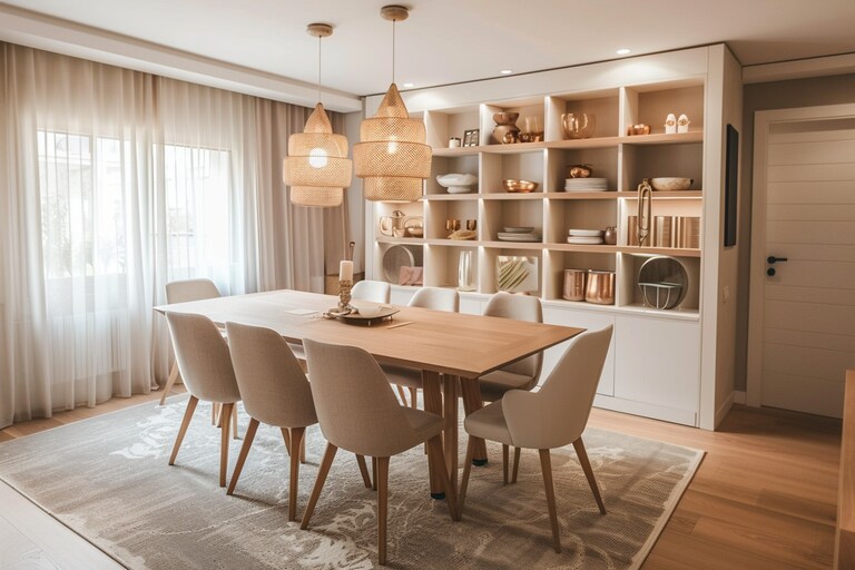Minimal 8-seater Beige And White Dining Room Design With Wooden Open ...