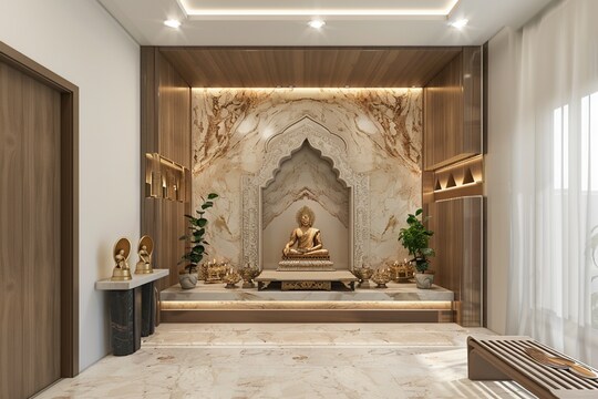 Contemporary Champagne-Toned And Wooden Mandir Design With Marble Wall ...
