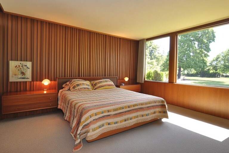 Mid-Century Modern Master Bedroom Design with Queen Bed and Fluted Wall ...