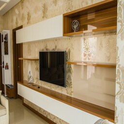 Contemporary White And Grey TV Unit Design With Wooden Panelling Wall ...