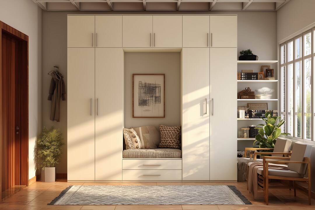 4-Door Modern Swing Wardrobe Design in Cream With Vertical Storage Design
