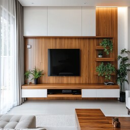 Modern High-Gloss TV Unit Design With Drawers and Open Rack
