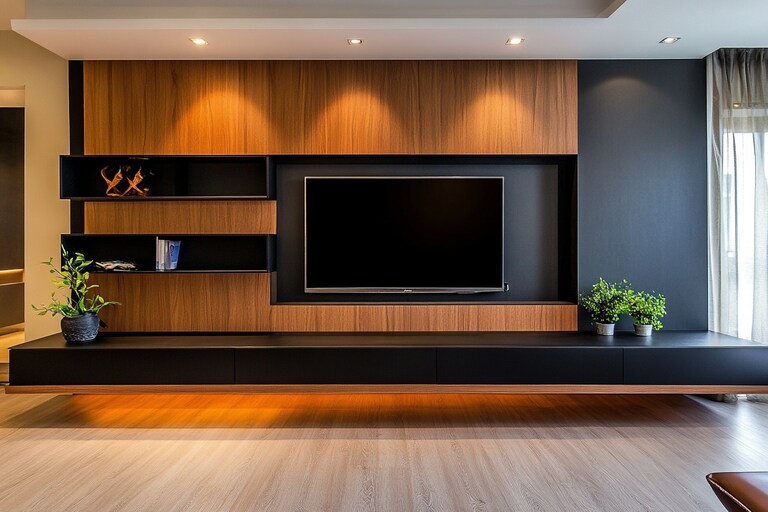 Modern Wood And Black Floating TV Unit Design With Black Wall-Mounted ...