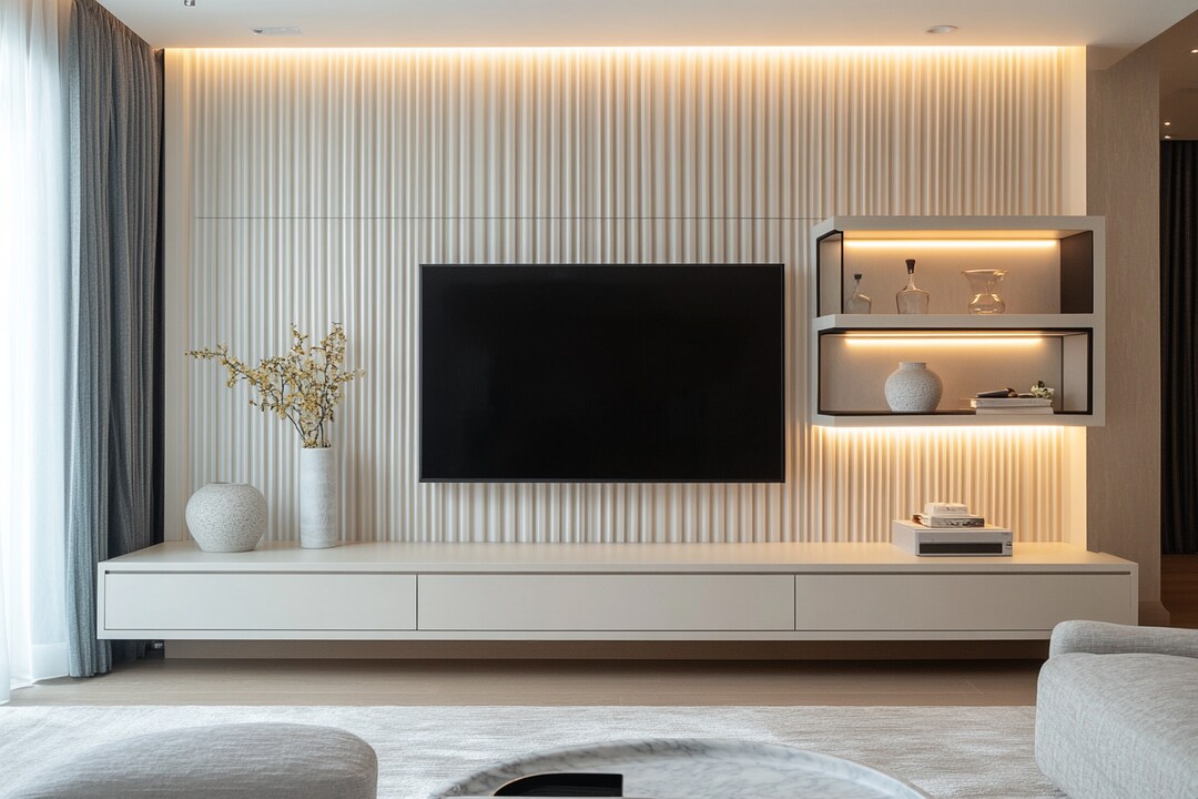 Modern Frosty White TV Unit Design with Fluted Wooden Panelling