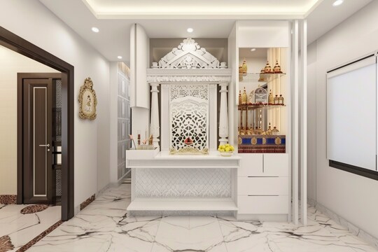 Contemporary Open Mandir Unit Design In Frosty White Contemporary Open Mandir Unit Design In Frosty White