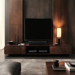 Modern Glossy Blue TV Unit Design With Grey Textured Wallpaper And ...