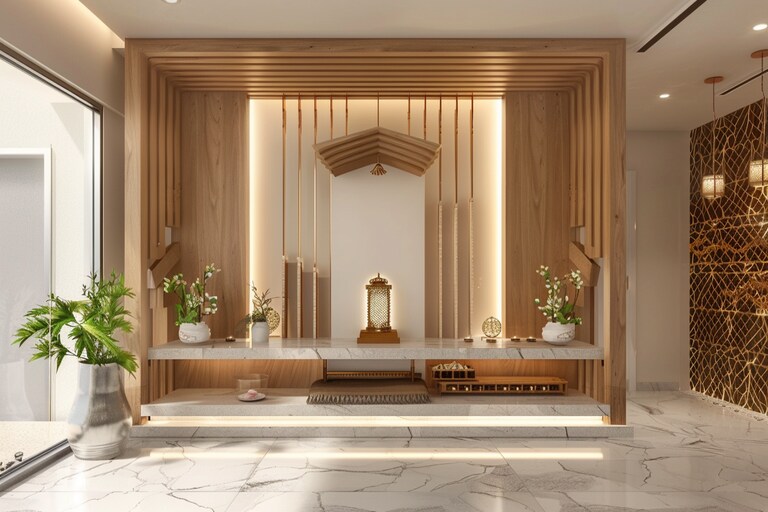 Contemporary Open Unit Floor-Mounted Mandir Design With Fluted Glass ...