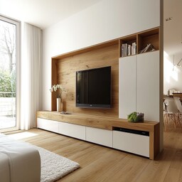 Classic White And Wood TV Unit Design With Wall-Mounted Console And ...