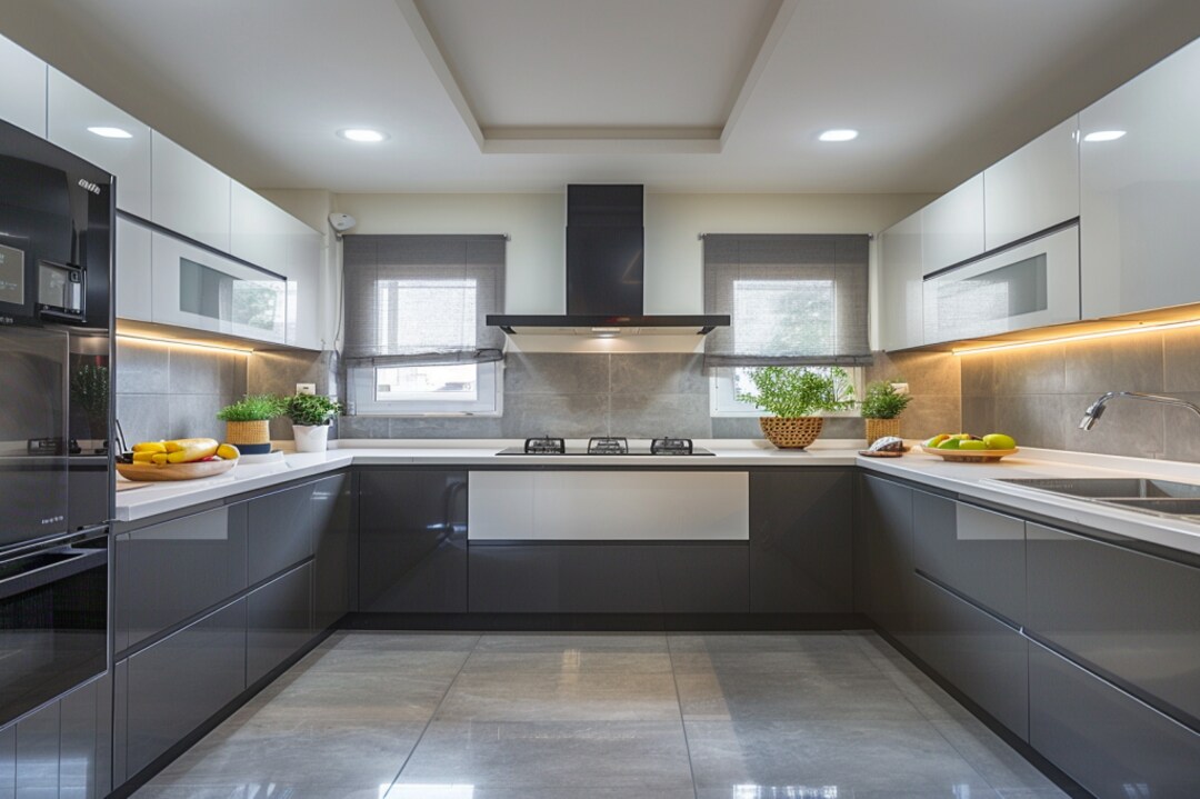 Modern Modular U-Shaped White And Dark Grey Kitchen Design With Light ...