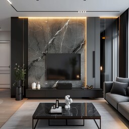 Modern Champagne-Toned And Wooden TV Unit Design With Fluted Back Panels